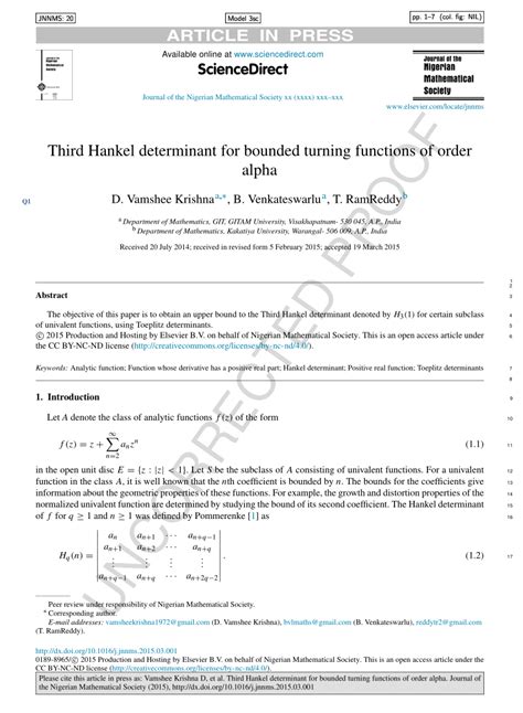 Pdf Third Hankel Determinant For Bounded Turning Functions Of Order Alpha Journal Of The