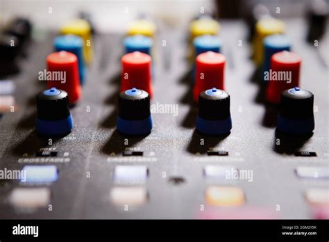 Sound Frequency Regulators On Professional Dj Sound Mixer Device Disc Jockey Audio Equipment On