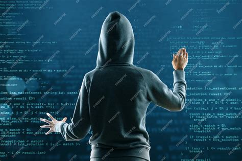 Premium Photo Back View Of Hacker In Hoodie On Abstract Coding Background Hacking And