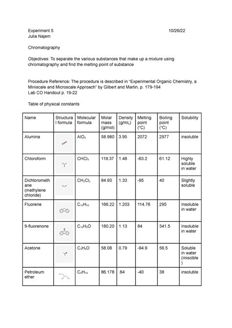 Organic Chemistry Experiment 5 Chromatography Experiment 5 1026