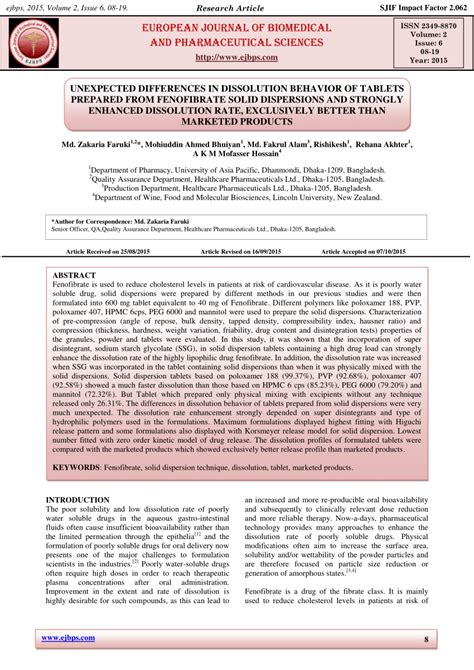 Pdf Unexpected Differences In Dissolution Behavior Of Tablets Prepared From Fenofibrate Solid