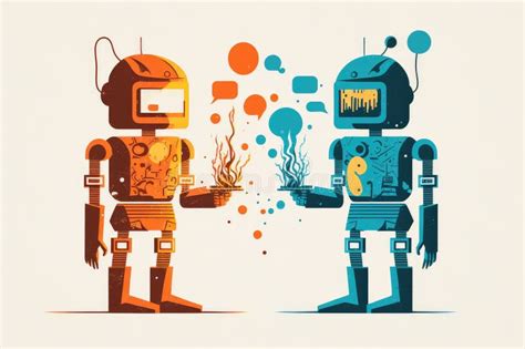 Red And Blue Robots Interact With Each Other Friendship Or Machine