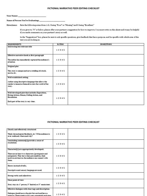 Fictional Narrative Peer Editing Checklist 1 Pdf Narration Plot Narrative