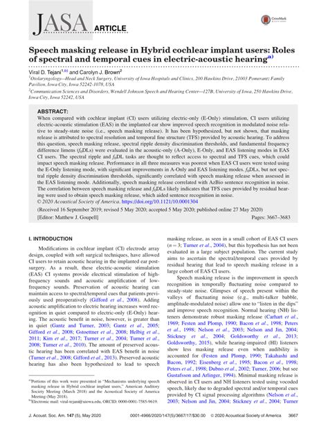 Pdf Speech Masking Release In Hybrid Cochlear Implant Users Roles Of Spectral And Temporal