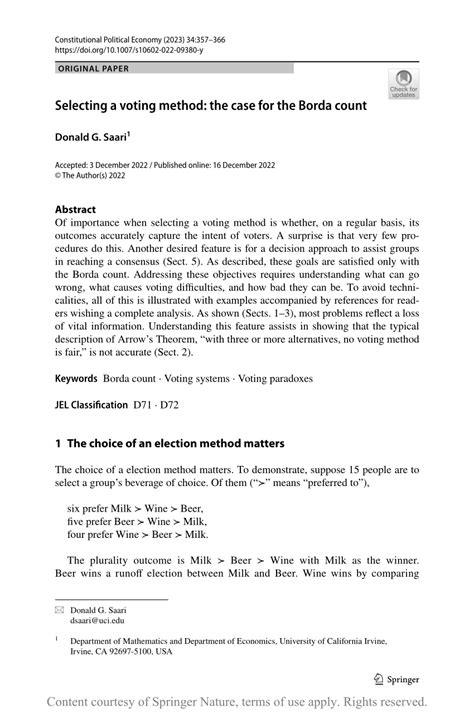 PDF Selecting A Voting Method The Case For The Borda Count