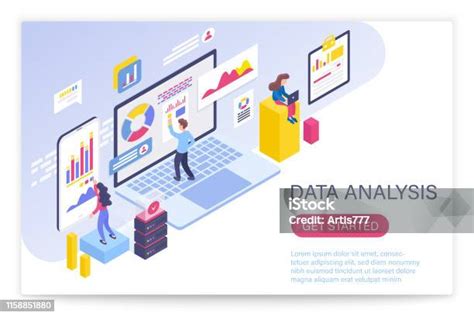 데이터 분석 프로세스 빅 데이터 개념 3d 등각 벡터 일러스트레이션 가상 화면 차트와 상호 작용하고 통계를 분석하는 사람들 데이터에 대한 스톡 벡터 아트 및 기타 이미지
