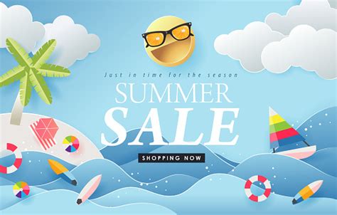 푸른 하늘 배경의 여름 요소와 종이 컷 해변 섬 여름 판매 디자인 벡터 일러스트 템플릿입니다 계절에 대한 스톡 벡터 아트 및 기타 이미지 Istock