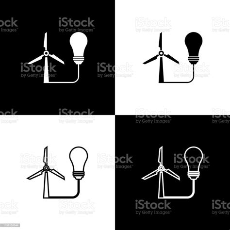 흑백 배경에 격리 된 에너지 아이콘의 환경 친화적 인 소스의 아이디어로 풍력 터빈전구를 설정합니다 대체 에너지 개념 벡터