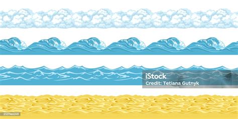 수평 해변 이음새가 없는 패턴 세트입니다 노란 모래 푸른 바다 파도와 구름 해변 디자인 요소 벡터 만화 그림입니다 파도에 대한