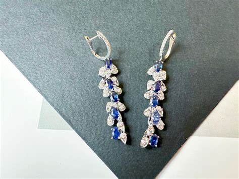 Certified Royal Blue Sapphire In Diamond White Sapphire Long Earrings