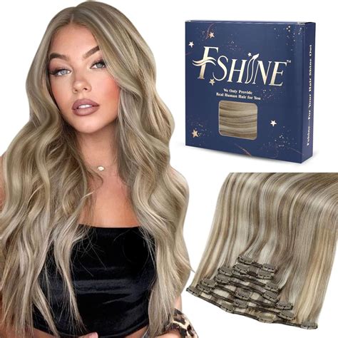 Fshine Clip In Hair Extensions Real Human Hair 14 Inch Light Brown With Platinum