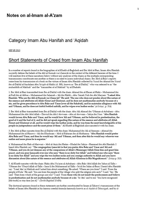 Imam Abu Hanifah And Aqidah Notes On Al Imam Al Azam Pdf Sunni Islam Hadith