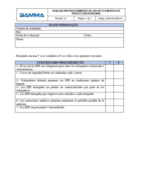 Evaluación Procedimiento De Uso Epp Pdf