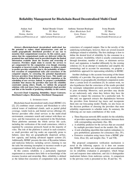 Pdf Reliability Management For Blockchain Based Decentralized Multi Cloud