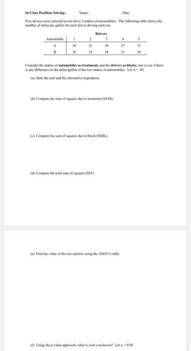 Solved In Class Problem Solving Name Date Five Drivers