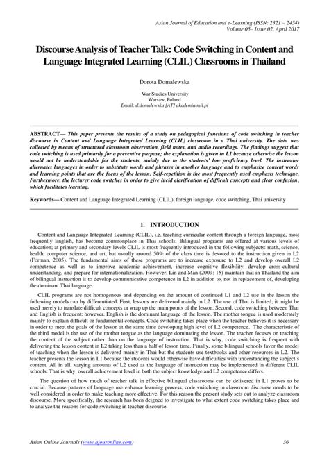 Pdf Discourse Analysis Of Teacher Talk Code Switching In Content And