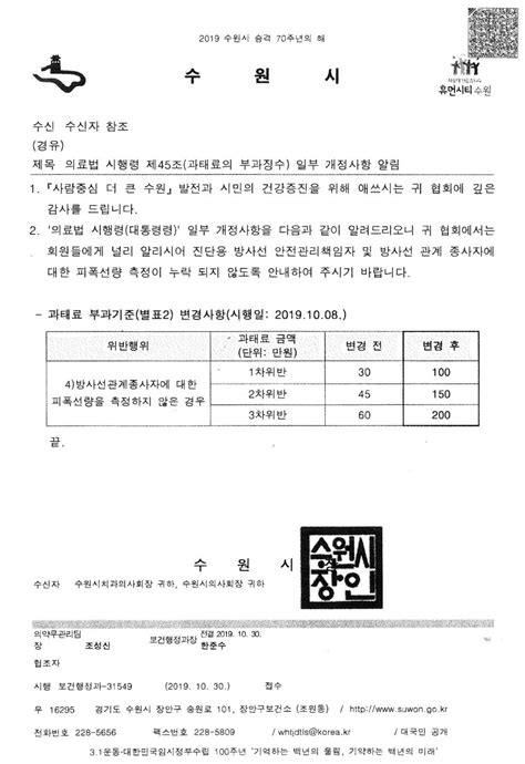 방사선 피폭선량 측정 누락 시 과태료가 대폭 상향 되었습니다 공지사항 수원시의사회