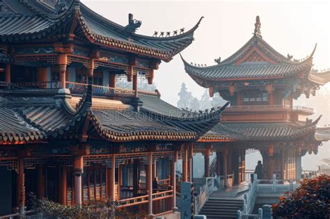 Traditional Chinese Buildings Lined Up Next To Each Other In A
