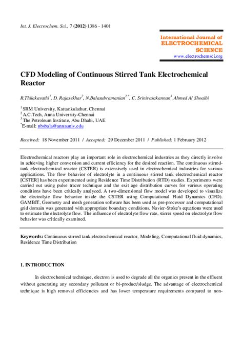 Pdf Cfd Modeling Of Continuous Stirred Tank Electrochemical Reactor