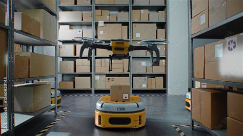 Warehouse Facility Unmanned Agv Robots And Drones Carrying Cardboard Boxes In Logistics