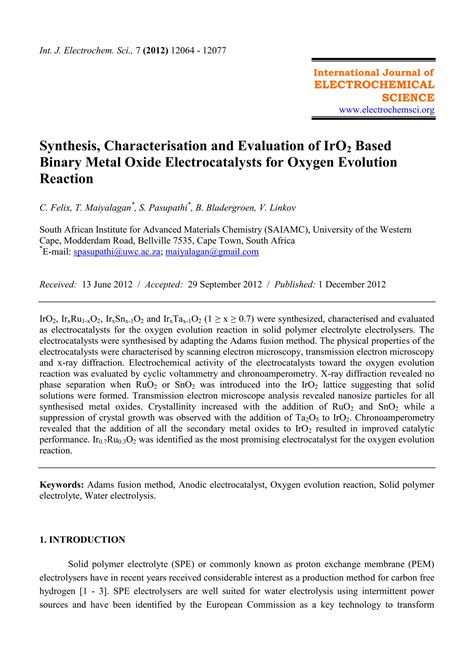 Synthesis Characterisation And Evaluation Of Ir O2 Based Binary Metal Oxide Electrocatalysts