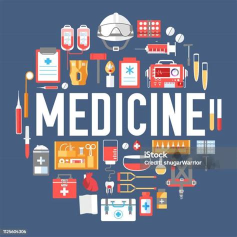 의학 장비 원 인포 그래픽 템플릿 개념입니다 당신의 제품 또는 디자인 웹 및 모바일 응용 프로그램에 대 한 아이콘 디자인 벡터 평면 그림 배경 건강 진단에 대한 스톡 벡터