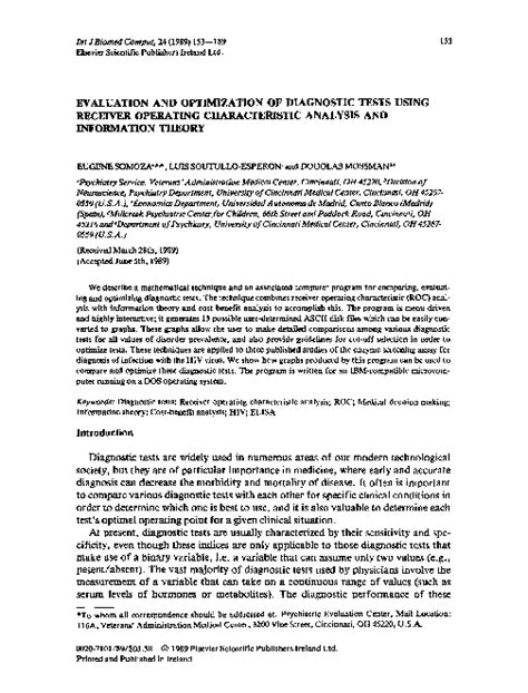 Pdf Evaluation And Optimization Of Diagnostic Tests Using Receiver