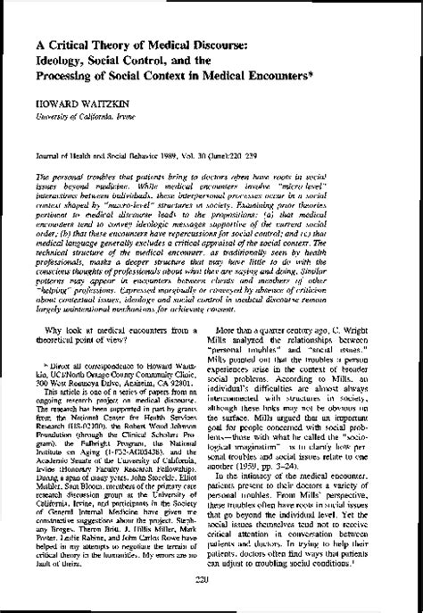 Pdf A Critical Theory Of Medical Discourse Ideology Social Control And The Processing Of