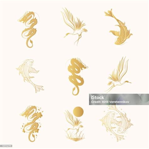 잉어 물고기 용 크레인 일본 미술 컬렉션입니다 티셔츠 프린트 및 스티커를 위한 9가지 디자인 요소의 황금 세트 손으로 그린 벡터