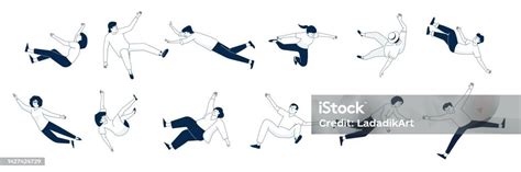 날고 떨어지는 사람들은 흰색에 고립되어 있습니다 남자와 여자는 무중력으로 떠 다니고 인간은 비틀 거리며 쓰러집니다 최근 벡터