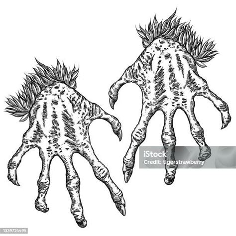 할로윈 조각 그림 세트의 괴물 손 늑대 인간 마녀 좀비 드래곤 그리고 뱀파이어 손 흰색 배경에 고립 벡터 괴물 석상에 대한 스톡