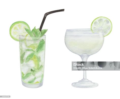 수채화 손으로 그린 모히토 칵테일에 빨대와 슬라이스 그린 라임 민트 칸막이 얼음을 곁들인 유리에 모히토 칵테일 레스토랑 카페에서