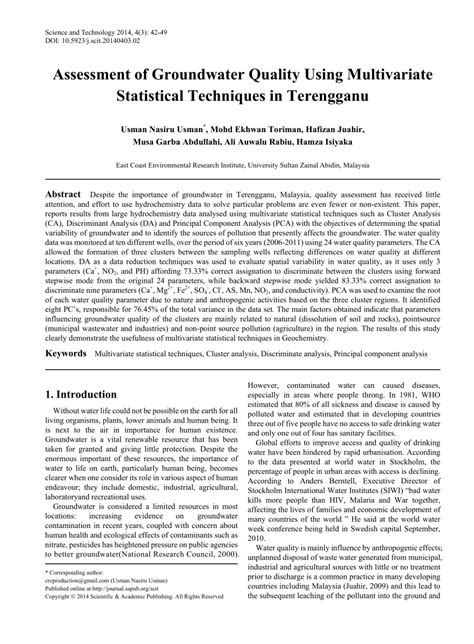 Pdf Assessment Of Groundwater Quality Using Multivariate Statistical Techniques In Terengganu