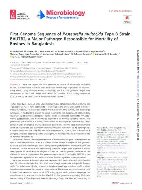 Pdf First Genome Sequence Of Pasteurella Multocida Type B Strain Bautb2 A Major Pathogen