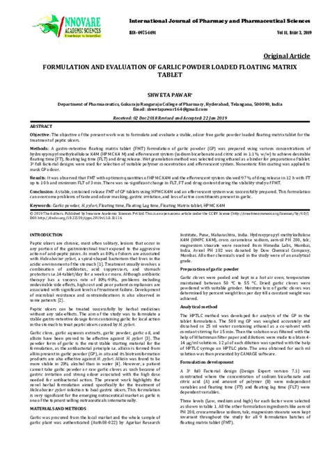 Pdf Formulation And Evaluation Of Garlic Powder Loaded Floating Matrix Tablet Original Article