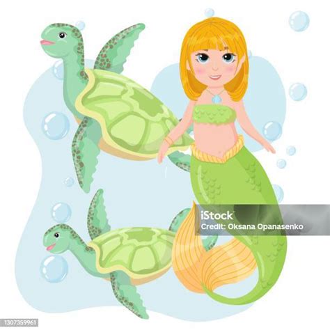 바다 거북귀여운 만화 인어 붉은 머리와 녹색 꼬리와 인어 마법의 생물 흰색 배경에서 격리된 벡터 그림입니다 0명에 대한 스톡 벡터 아트 및 기타 이미지 Istock