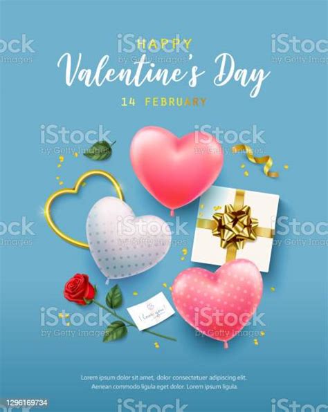 해피 발렌타인 데이 배너 전단지 포스터 사실적인 디자인 요소 선물 상자 금속 하트 마음의 모양의 풍선 색종이로 흩어져 있는 인사말 카드 로맨틱한 배경 공휴일에 대한 스톡