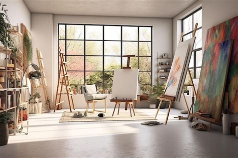 벽 콘크리트 바닥 나무 기둥 그림으로 된 현대 예술가의 스튜디오 내부 프리미엄 사진