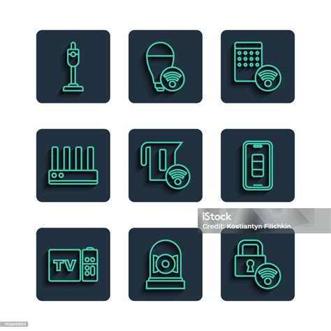 멀티미디어 및 Tv 박스 수신기 알람 벨 울림 디지털 도어록 가습기 스마트 전기 주전자 라우터 Wifi 신호 진공 청소기 및 스마트폰 배터리 충전 아이콘을 설정합니다 벡터