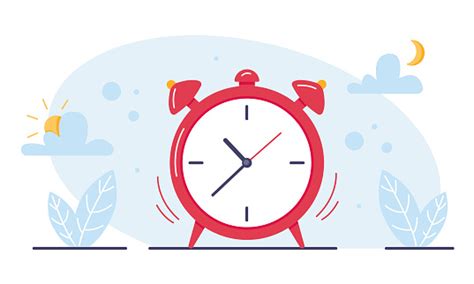알람 시계 평면 스타일의 배경에 나뭇잎과 구름으로 시간을 깨우십시오 벡터 일러스트 레이 션 개념에 대한 스톡 벡터 아트 및 기타