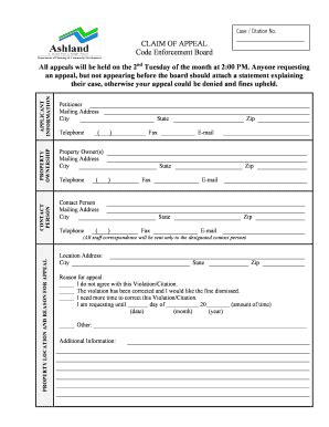 Fillable Online Case Citation No CLAIM OF APPEAL Code Enforcement Board Fax Email Print