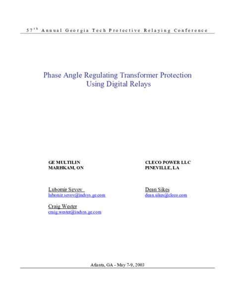 Pdf Phase Angle Regulating Transformer Protection Using Digital Relays