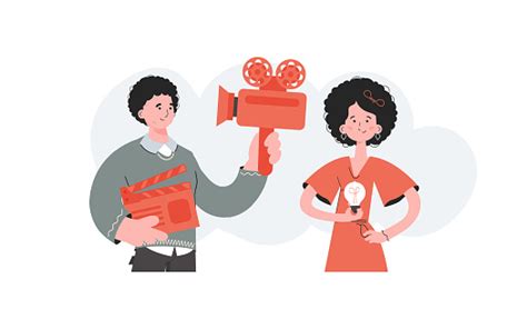 남자와 여자가 벨트를 잡고 서서 비디오 카메라와 전구를 잡습니다 생각 프리젠 테이션 사이트를위한 요소 감독에 대한 스톡 벡터 아트 및 기타 이미지 Istock