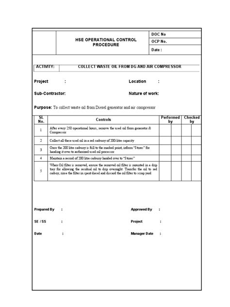 Hse Operational Control Procedure For Collect Waste Oil From Diesel