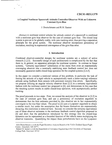 Pdf A Coupled Nonlinear Spacecraft Attitude Controllerobserver With