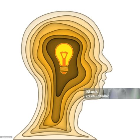 종이 컷된 레이어 정보 아이디어 비즈니스 과학 예술과 공예 스타일 개념 오렌지 배경에 인간의 머리와 전구 두뇌의 개척 벡터