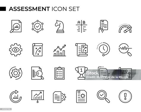 평가 개념 가는 선 아이콘 세트에는 비교 분석 성능 평가 진행률 계획 측정 등과 같은 아이콘이 포함되어 있습니다 계기판 측정기에 대한 스톡 벡터 아트 및 기타 이미지