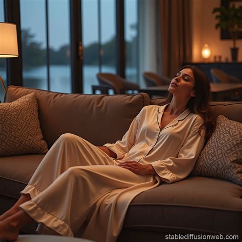 A Beautiful Woman Lounges Comfortably On Her Luxurious Sofa Prompts