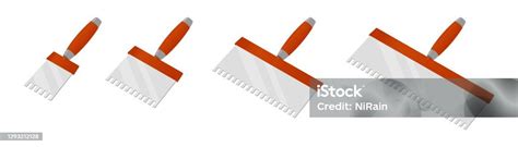 흰색 배경에 격리 된 등색 벽 노동자 노치 흙 다른 크기의 퍼티 나이프 벡터 아이콘의 세트 오렌지 손잡이가 달린 주걱 구조 및 스크래치 도구 벡터 그림입니다 주걱에 대한