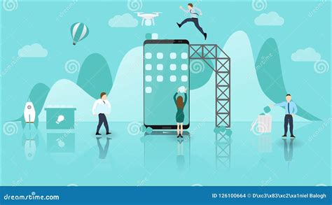 Mobile Application Development Concept With Big Phone And Little People Experienced Teamwork